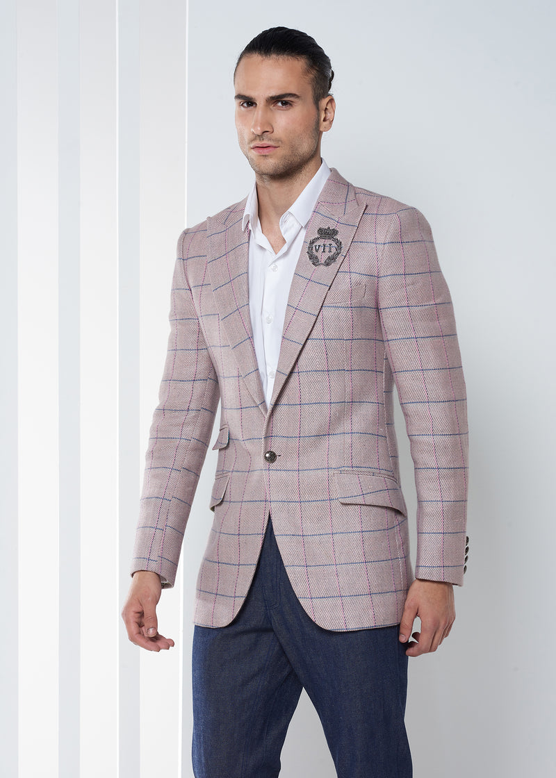 Pink Check Jacket with Crest – sevendc.in